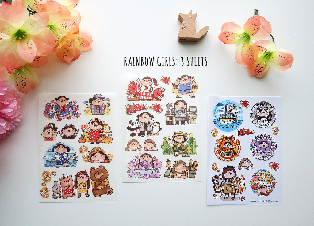 Meatball Stickers Sheet: Animals and Rainbow Girls – Papergame